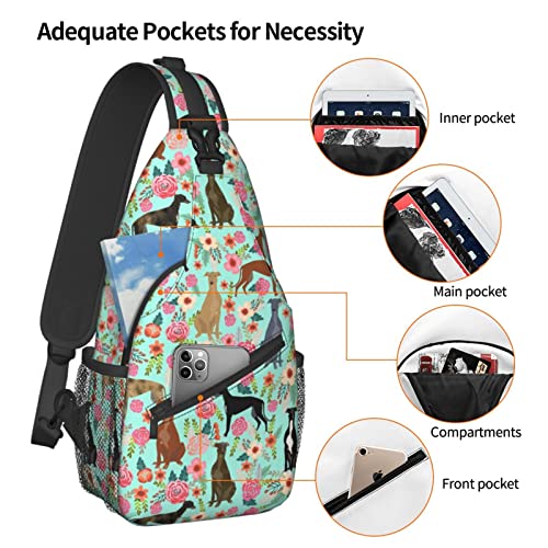 Greyhound Floral Cute Dog Mint Vintage Crossbody Sling Backpack Shoulder Bag for Men Women Sling Bag Travel Hiking Chest Bag Daypack