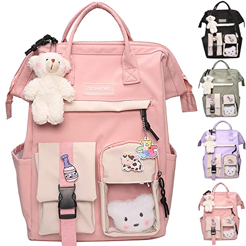 LELEBEAR Kawaii Backpack with Kawaii Pin And Accessories, Cute Kawaii Backpack for School with Plush Pendant, for Girls Travel Laptop Backpack (pink)