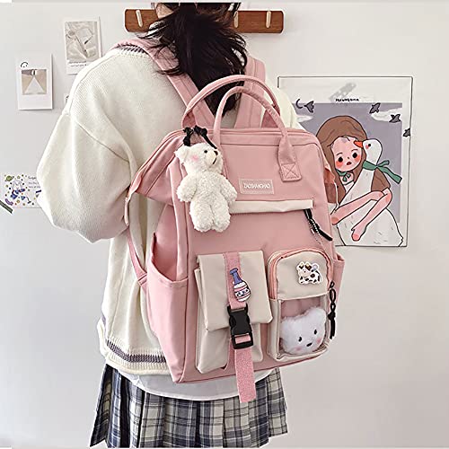 LELEBEAR Kawaii Backpack with Kawaii Pin And Accessories, Cute Kawaii Backpack for School with Plush Pendant, for Girls Travel Laptop Backpack (pink)