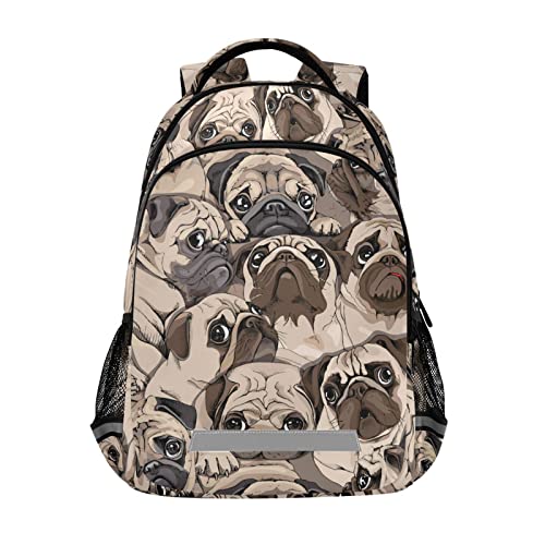 JIPONI Vintage Cute Pug Dogs Backpack For Girls Boys School Student Bookbag Travel Laptop Backpack Purse Daypack With Chest Strap