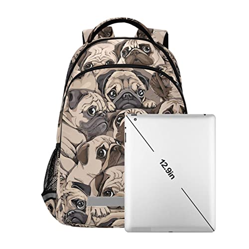 JIPONI Vintage Cute Pug Dogs Backpack For Girls Boys School Student Bookbag Travel Laptop Backpack Purse Daypack With Chest Strap