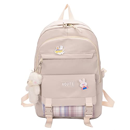 Kawaii School Backpack for Teen Girls Aesthetic Cute Adorable Back to School with Cute Pin and Bear Accessories(Off-White)