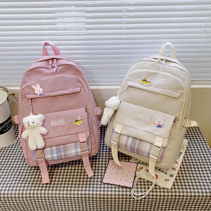 Kawaii School Backpack for Teen Girls Aesthetic Cute Adorable Back to School with Cute Pin and Bear Accessories(Off-White)