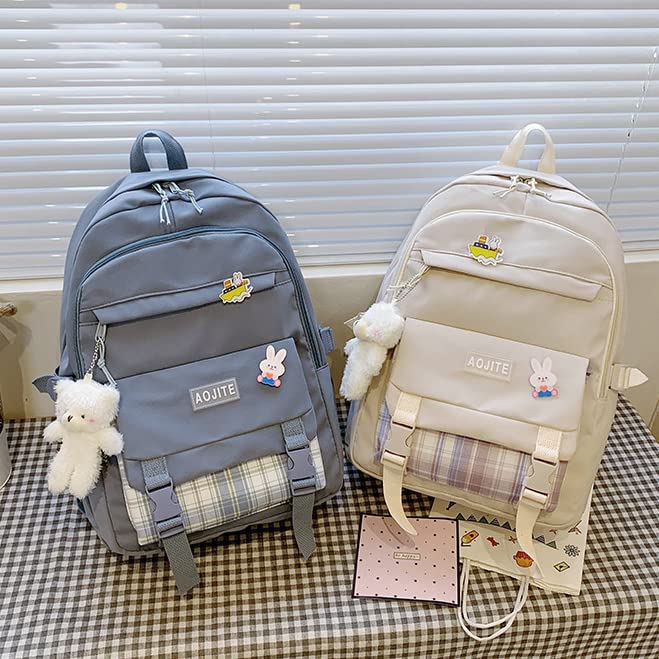 Kawaii School Backpack for Teen Girls Aesthetic Cute Adorable Back to School with Cute Pin and Bear Accessories(Off-White)