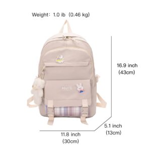 Kawaii School Backpack for Teen Girls Aesthetic Cute Adorable Back to School with Cute Pin and Bear Accessories(Off-White)