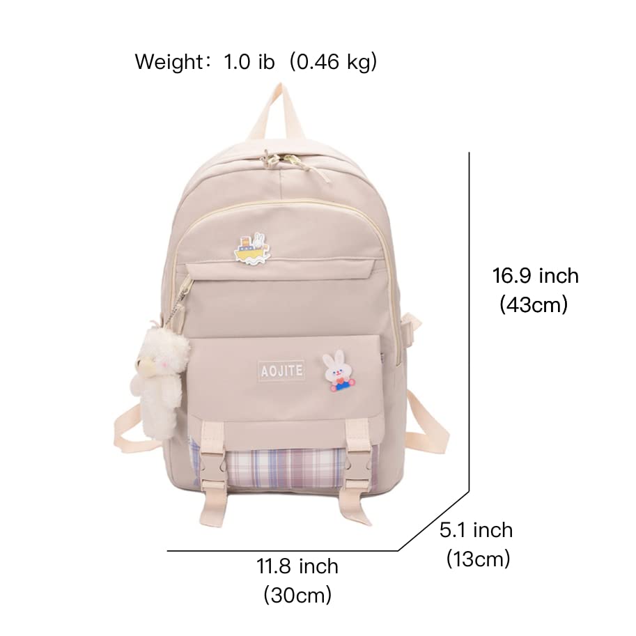 Kawaii School Backpack for Teen Girls Aesthetic Cute Adorable Back to School with Cute Pin and Bear Accessories(Off-White)