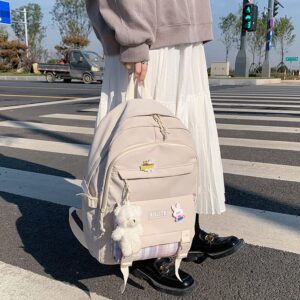 Kawaii School Backpack for Teen Girls Aesthetic Cute Adorable Back to School with Cute Pin and Bear Accessories(Off-White)