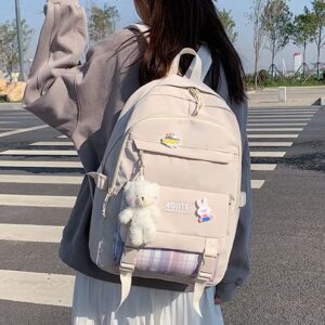 Kawaii School Backpack for Teen Girls Aesthetic Cute Adorable Back to School with Cute Pin and Bear Accessories(Off-White)