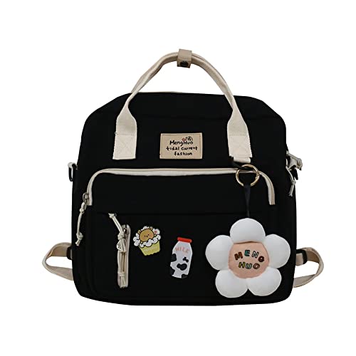 Tonecy Japanese Backpacks for Teen Girls for Middle School, Kawaii Backpack with Pins Kawaii School Backpack Cute Aesthetic Rucksack (Black 31x10x27cm)