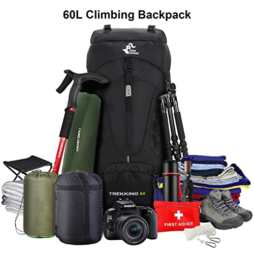 King'sGuard 60L Hiking Backpack Men Women Camping Backpack Waterproof Backpacking Mountaineering Climbing Daypack with Rain Cover (Black)