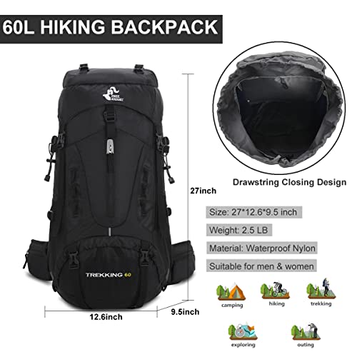 King'sGuard 60L Hiking Backpack Men Women Camping Backpack Waterproof Backpacking Mountaineering Climbing Daypack with Rain Cover (Black)