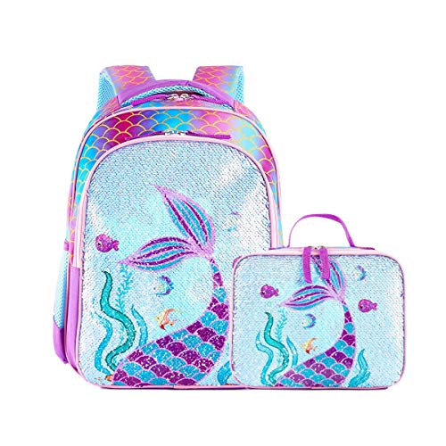 Reversible Sequin School Backpack Lightweight Little Kid Book Bag with Lunch Bag Set for Preschool Kindergarten Elementary (15", Mermaid with Lunch Bag)