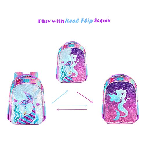 Reversible Sequin School Backpack Lightweight Little Kid Book Bag with Lunch Bag Set for Preschool Kindergarten Elementary (15", Mermaid with Lunch Bag)