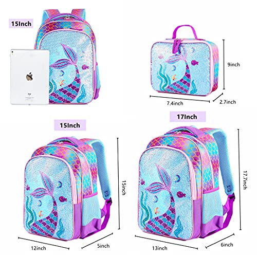 Reversible Sequin School Backpack Lightweight Little Kid Book Bag with Lunch Bag Set for Preschool Kindergarten Elementary (15", Mermaid with Lunch Bag)