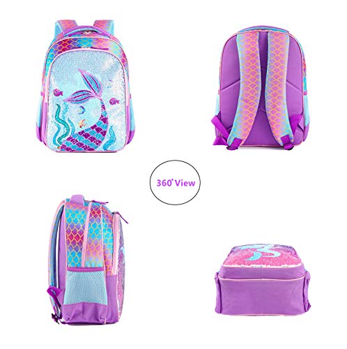 Reversible Sequin School Backpack Lightweight Little Kid Book Bag with Lunch Bag Set for Preschool Kindergarten Elementary (15", Mermaid with Lunch Bag)