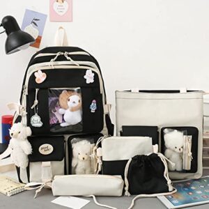 FUINUEIO Kawaii Backpack Casual Bags Cute Aesthetic Backpacks With Kawaii Bear Pendant Pins Handle Shoulder Tote Bag Pencil Case Schoolbag