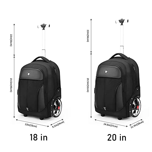 WMHYLYH Waterproof Rolling Backpack, Backpack with Wheels for Business, College Student and Travel Commuter, Carry on Backpack with Laptop Compartment for Women and Men (Black, 20inch)