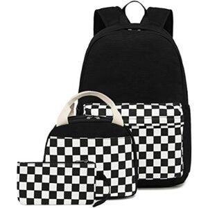 camtop school backpack canvas laptop backpack teens bookbag set lunch bag pencil case for girls boys(checkerboard black)