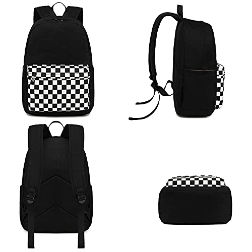 CAMTOP School Backpack Canvas Laptop Backpack Teens Bookbag Set Lunch Bag Pencil Case for Girls Boys(Checkerboard Black)