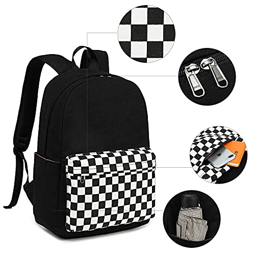 CAMTOP School Backpack Canvas Laptop Backpack Teens Bookbag Set Lunch Bag Pencil Case for Girls Boys(Checkerboard Black)