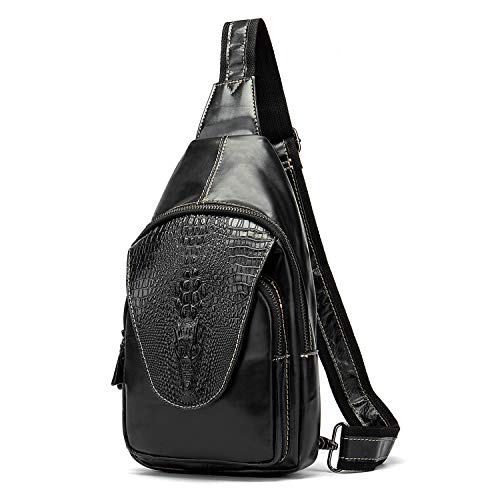 NIUCUNZH Handmade Genuine Leather Crossbody Sling Bag Crocodile Embossing Chest Bag Waterproof Shoulder Bag Black