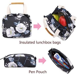 Lmeison Black Floral Backpack with Lunch Box, Cute School Bag for Teen Girls Waterproof, Flower Laptop Backpack for Middle School High School College, Kids Bookbag Set Women Casual Daypack for Travel