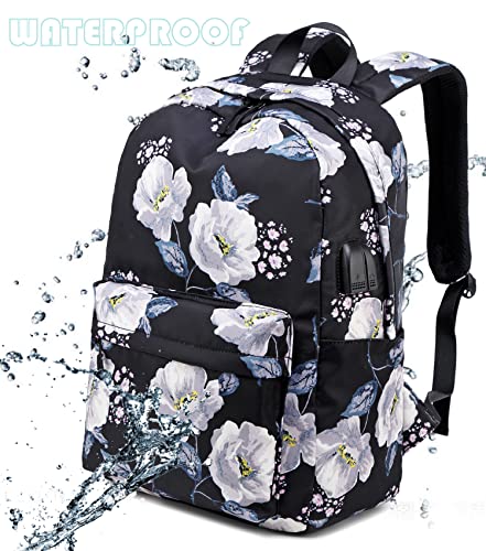 Lmeison Black Floral Backpack with Lunch Box, Cute School Bag for Teen Girls Waterproof, Flower Laptop Backpack for Middle School High School College, Kids Bookbag Set Women Casual Daypack for Travel