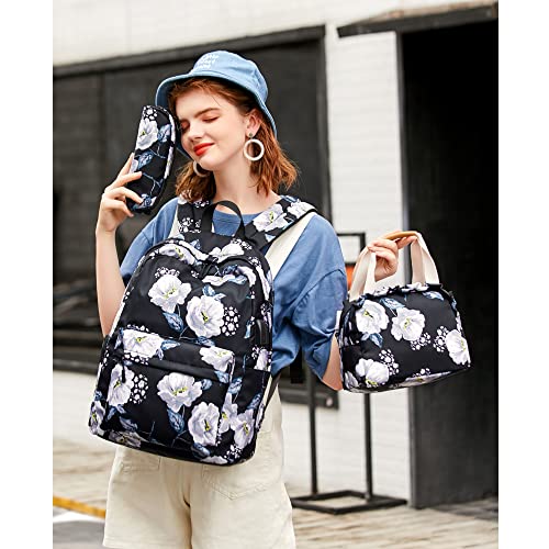 Lmeison Black Floral Backpack with Lunch Box, Cute School Bag for Teen Girls Waterproof, Flower Laptop Backpack for Middle School High School College, Kids Bookbag Set Women Casual Daypack for Travel