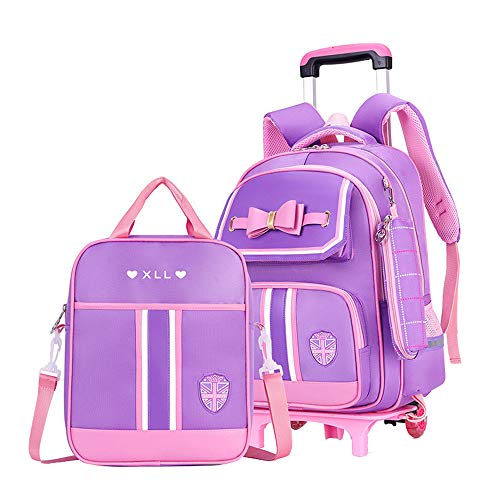 3Pcs Rolling Backpack for Girls Cute Bowknot Students Bookbags Primary Schoolbag Trolley Bags Wheeled Backpack Kids Carry-On Luggage with Lunch Bag&Pencil Case