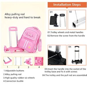 3Pcs Rolling Backpack for Girls Cute Bowknot Students Bookbags Primary Schoolbag Trolley Bags Wheeled Backpack Kids Carry-On Luggage with Lunch Bag&Pencil Case