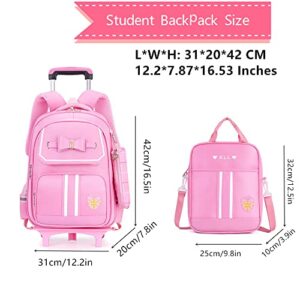 3Pcs Rolling Backpack for Girls Cute Bowknot Students Bookbags Primary Schoolbag Trolley Bags Wheeled Backpack Kids Carry-On Luggage with Lunch Bag&Pencil Case