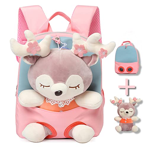 Cute Toddler Backpack for Girls, Mini Baby Girl Backpack for Toddler Girls Toys 2 3 4 5 6 years old, Little Doll Stuffed Animal kids Plush Backpack(Pink)