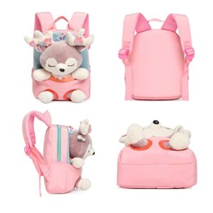 Cute Toddler Backpack for Girls, Mini Baby Girl Backpack for Toddler Girls Toys 2 3 4 5 6 years old, Little Doll Stuffed Animal kids Plush Backpack(Pink)