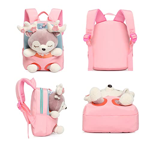 Cute Toddler Backpack for Girls, Mini Baby Girl Backpack for Toddler Girls Toys 2 3 4 5 6 years old, Little Doll Stuffed Animal kids Plush Backpack(Pink)