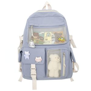 kawaii backpack with kawaii pin and accessories cute kawaii backpack for school bag kawaii girl backpack cute (blue)