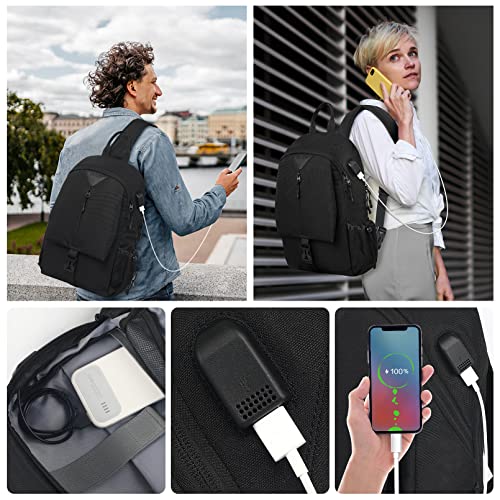 Crossbody Sling Bag for Men, 18L Expanded Sling Backpack with USB Port, Water Resistant Travel Hiking Daypack with Phone Pocket, Lightweight Shoulder Bag for Travel Camping Hiking Outdoor Sports