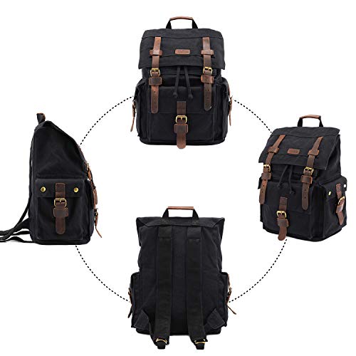 Kattee Men’s Leather Canvas Backpack Large School Bag Travel Rucksack Black