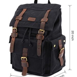 Kattee Men’s Leather Canvas Backpack Large School Bag Travel Rucksack Black