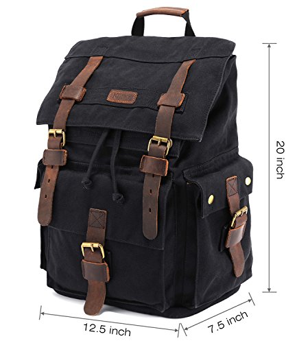 Kattee Men’s Leather Canvas Backpack Large School Bag Travel Rucksack Black