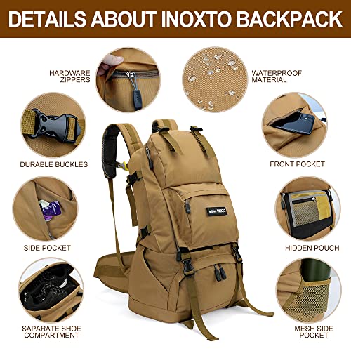 INOXTO 40L Hiking Backpack Camping Backpack with Waterproof Rain Cover for Men Women, Outdoor Sport Travel Daypack with Adjustable Chest and Hip Strap for Climbing Camping Touring (Khaki)