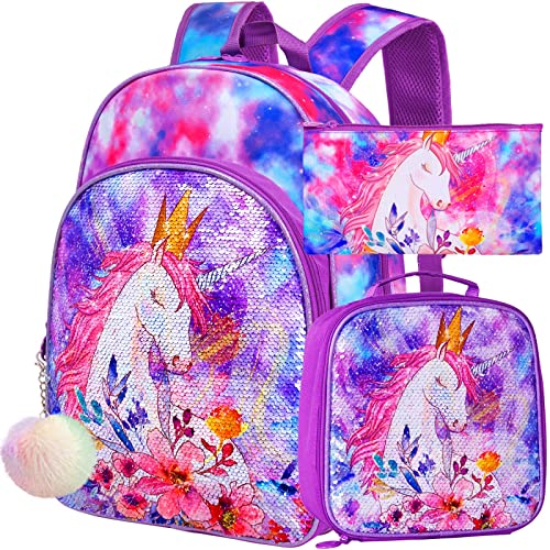 CCJPX 3PCS Girls Backpack, 16” Kids Unicorn Sequin Bookbag and Lunch Box for Kindergarten Elementary