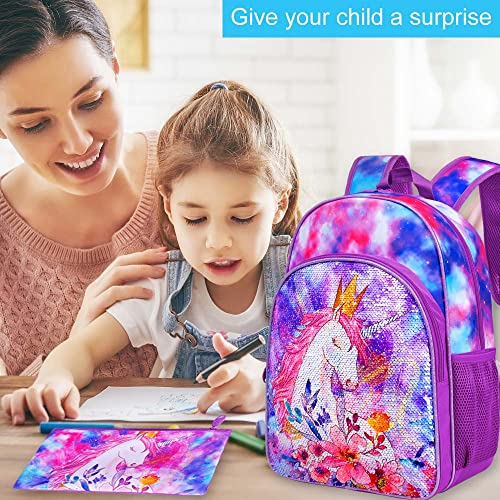 CCJPX 3PCS Girls Backpack, 16” Kids Unicorn Sequin Bookbag and Lunch Box for Kindergarten Elementary