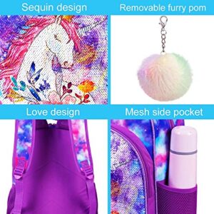 CCJPX 3PCS Girls Backpack, 16” Kids Unicorn Sequin Bookbag and Lunch Box for Kindergarten Elementary