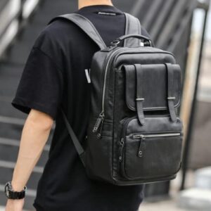 CHAO RAN Leather Travel Laptop Backpack For Men Fit 15.6 Inch Notebook Black Water Resistant Carry On Backpack Vintage Large College School Bag