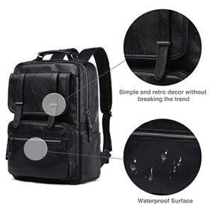 CHAO RAN Leather Travel Laptop Backpack For Men Fit 15.6 Inch Notebook Black Water Resistant Carry On Backpack Vintage Large College School Bag