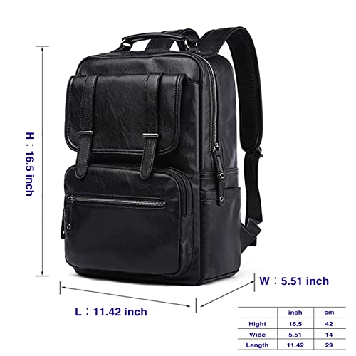 CHAO RAN Leather Travel Laptop Backpack For Men Fit 15.6 Inch Notebook Black Water Resistant Carry On Backpack Vintage Large College School Bag