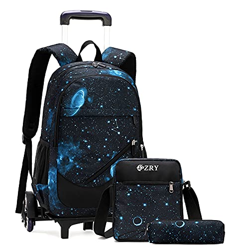 Bansusu 3Pcs Black Galaxy Primary Middle School Bag Rolling Backpack Set for Elementary Boys Wheeled Bookbag with Six Wheels