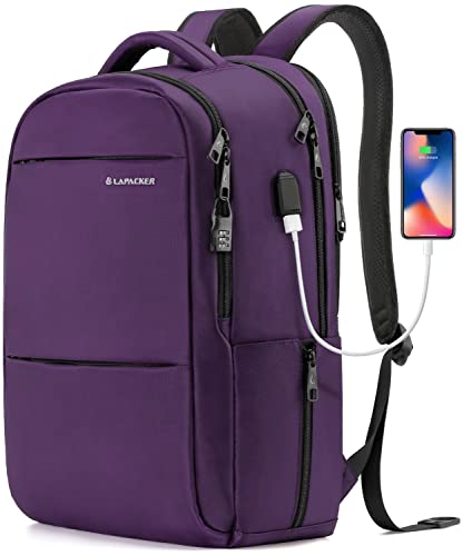 LAPACKER 15.6-17 inch Business Laptop Backpacks for Women Mens, Water Resistant Laptop Travel Bag with USB Charging Port, Lightweight College Students Notebook Computer Backpack - Purple