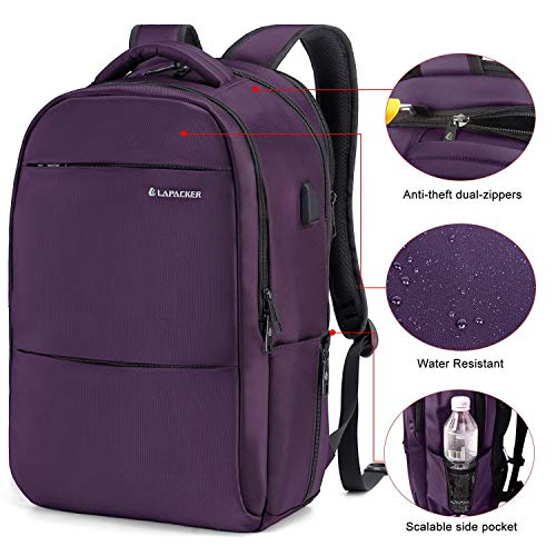 LAPACKER 15.6-17 inch Business Laptop Backpacks for Women Mens, Water Resistant Laptop Travel Bag with USB Charging Port, Lightweight College Students Notebook Computer Backpack - Purple