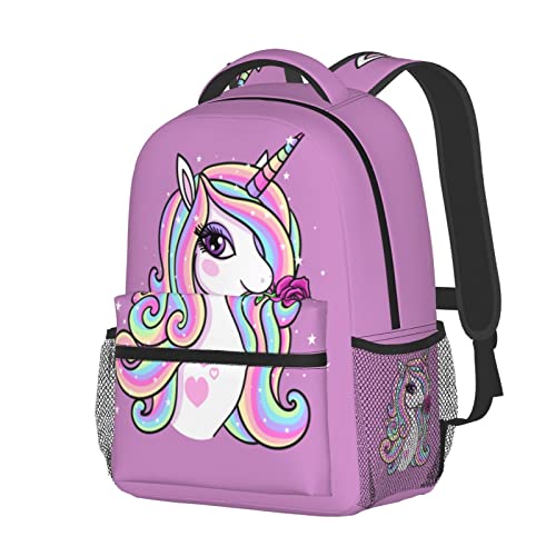 FeHuew Girls Rose Unicorn Backpacks Bookbag 16 Inch Shoulder Bag Daypack for 1-5th Grade School